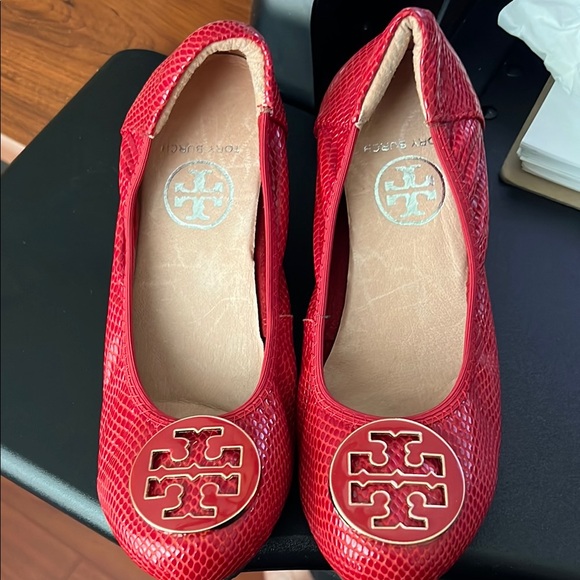 Tory Burch | Shoes | Tory Burch Red Snakeskin Wedge With Logo Medallion ...